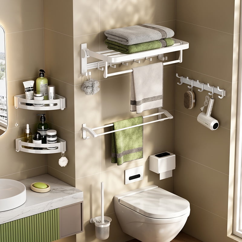 White Bathroom Storage Rack Without Punching Folding Towel Rack ...