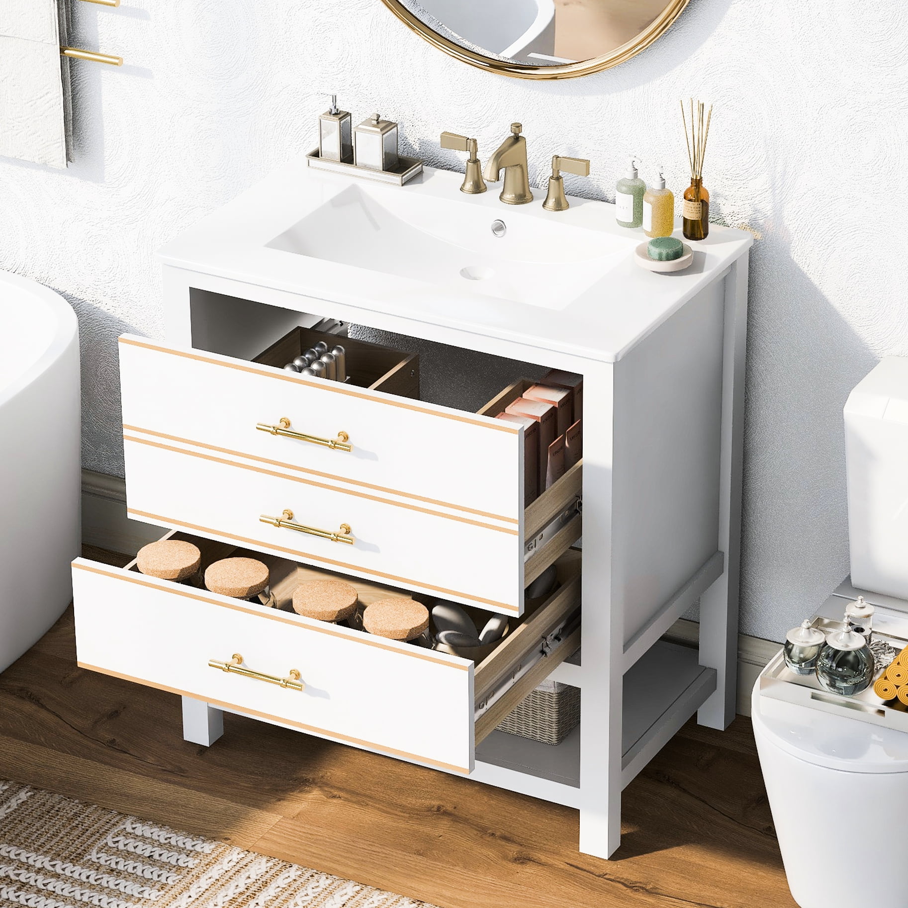 White Bathroom Vanity 30inch - Spacious Drawers, Open Storage Space ...