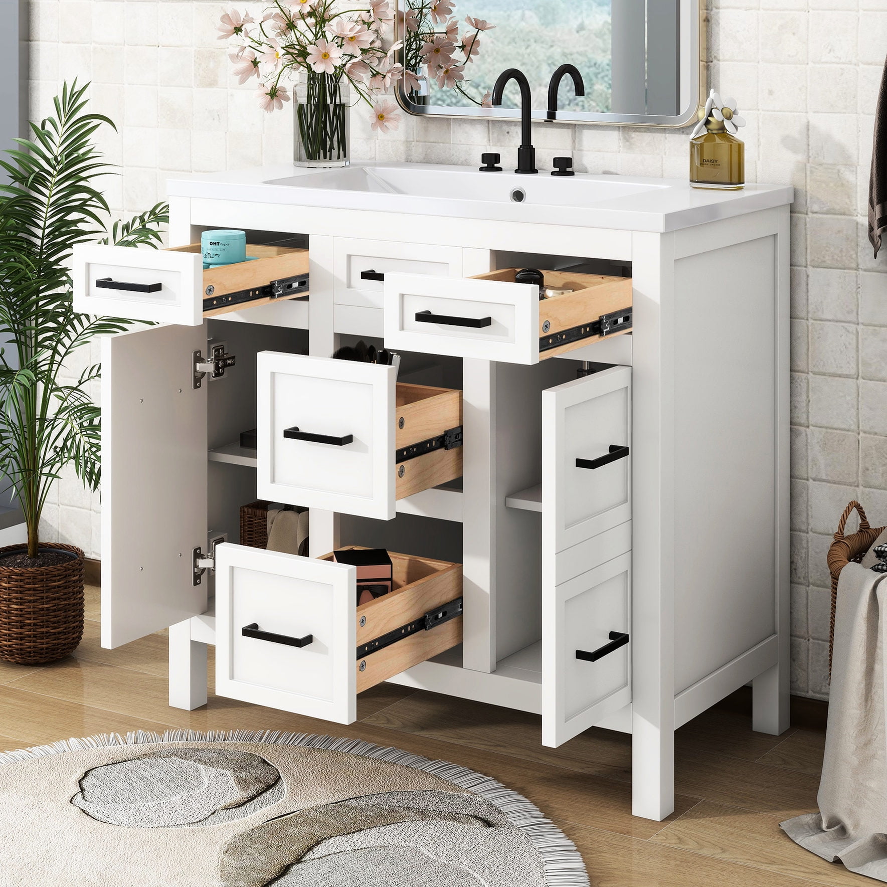 White Bathroom Vanity Cabinet / 36" dimensions, 4 drawers, adjustable ...