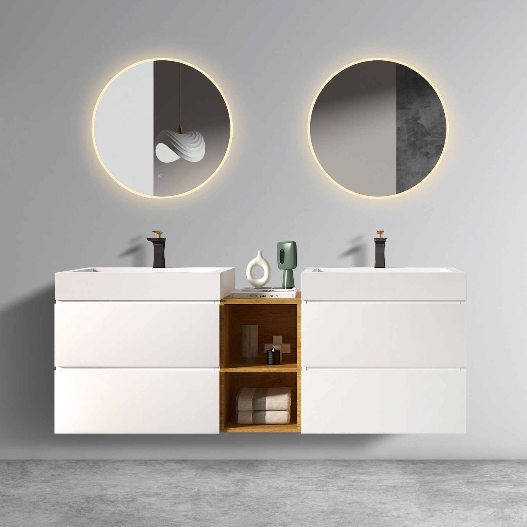 White Bathroom Vanity Unit, Double Sinks, 20% Extra Storage Volume ...