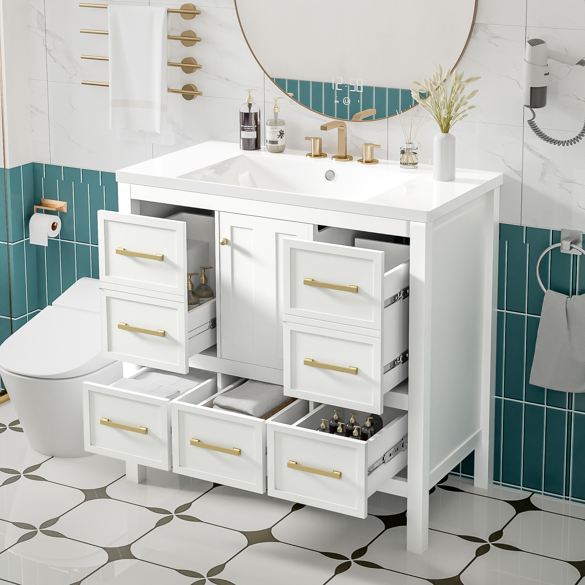 White Bathroom Vanity With Resin Sink - Solid Wood 5 Drawers & Pleasant ...