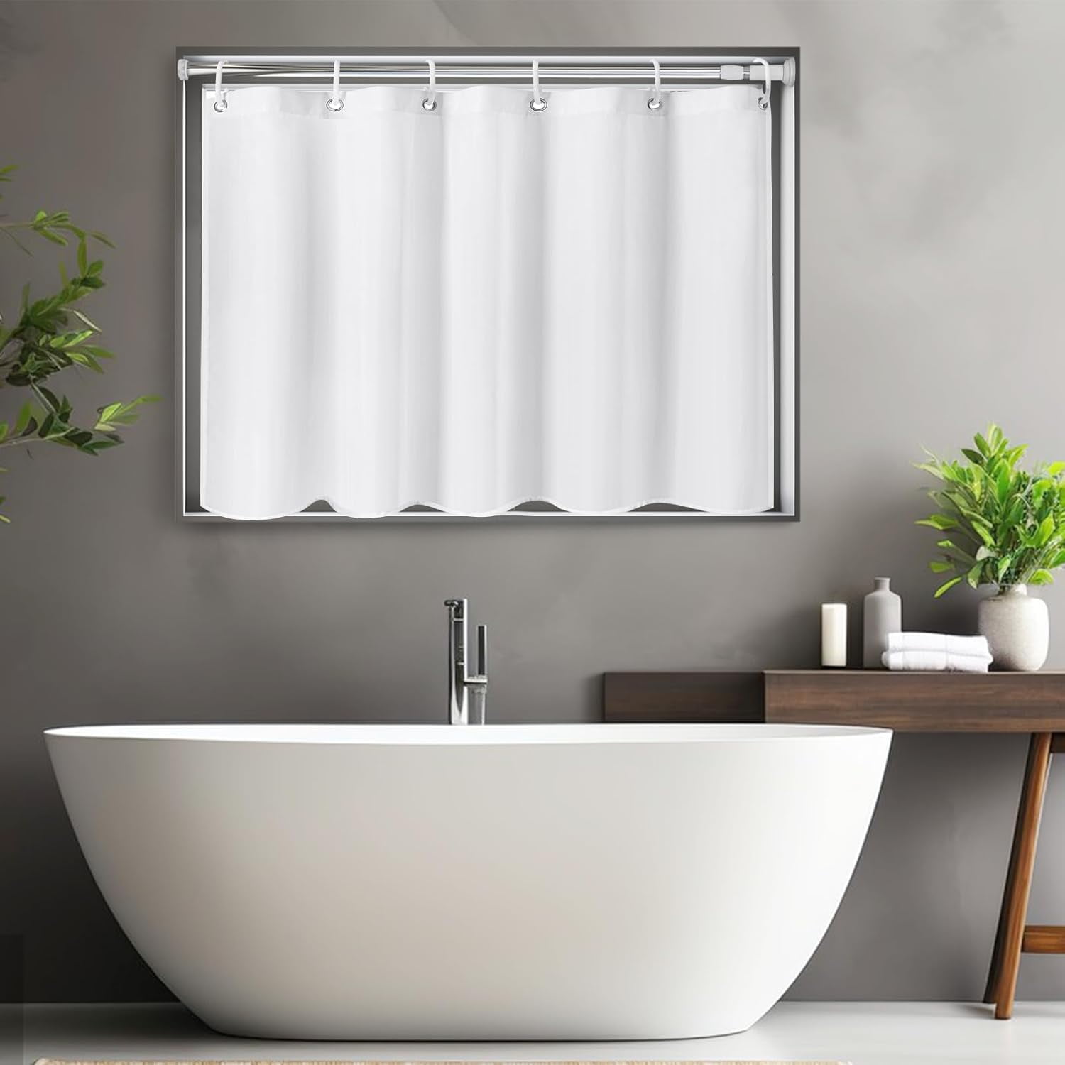 White Bathroom Window Curtain with Hooks, Narrow Short Fabric Privacy ...