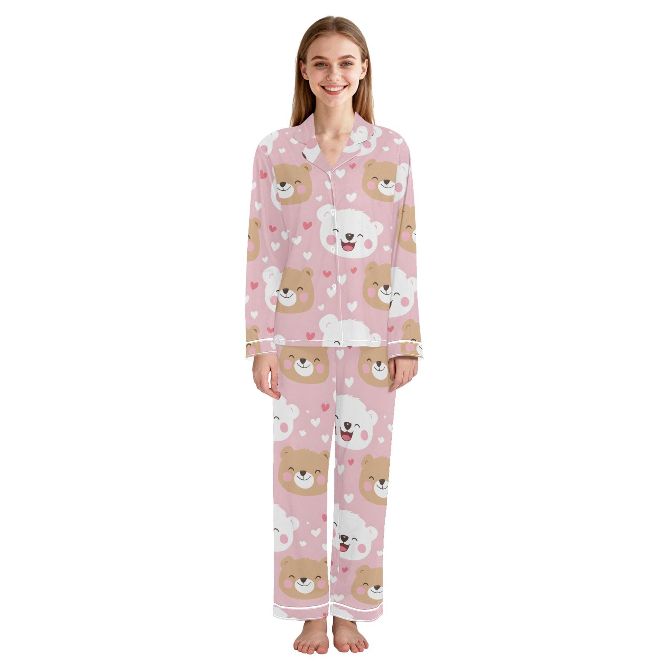 White Bear Brown Pattern Women Pajama Set Soft Notch Collar Button Down ...