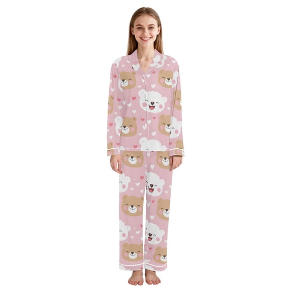 White Bear Brown Pattern Women Pajama Set Soft Notch Collar Button Down ...