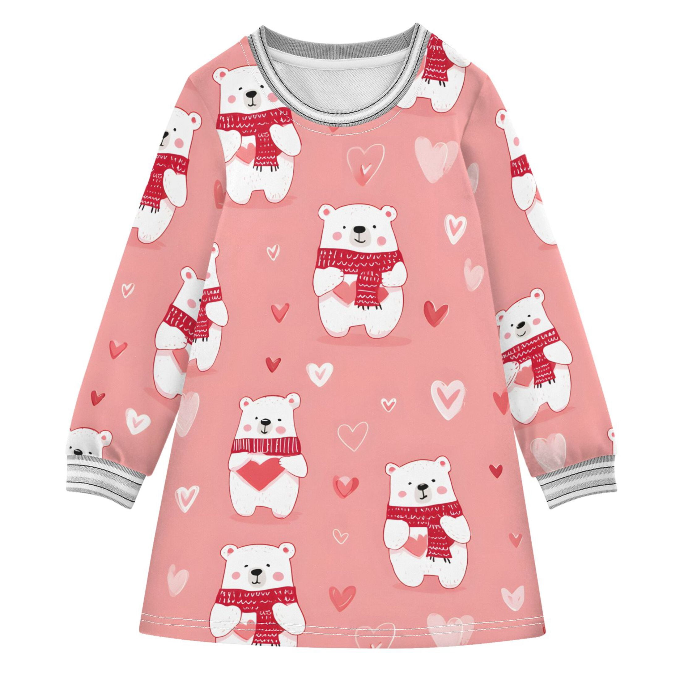 White Bear Scarf Pattern Girls'long-sleeved dress Thickened A-dress ...