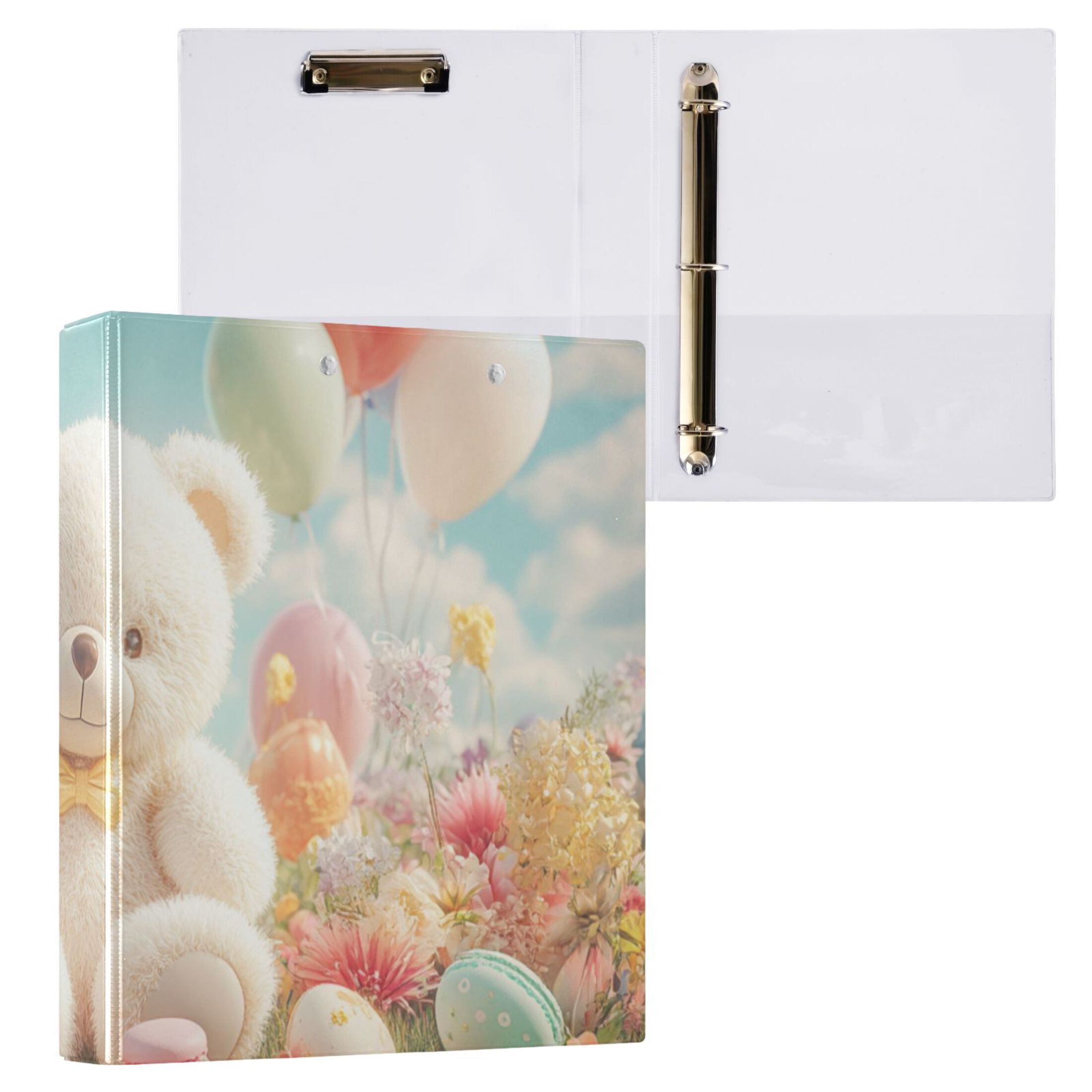 White Bear on Meadow Florals Desserts Balloons Round Ring Binder 3 ...