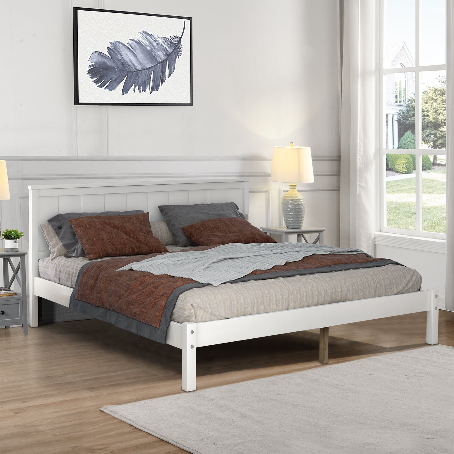 BTMWAY White Full Size Bed Frame, Wood Platform with Headboard, No Box ...