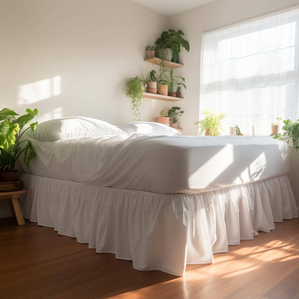 White Bed Skirting Dust Ruffle Queen Size Bed, 16 inch Tailored Drop ...