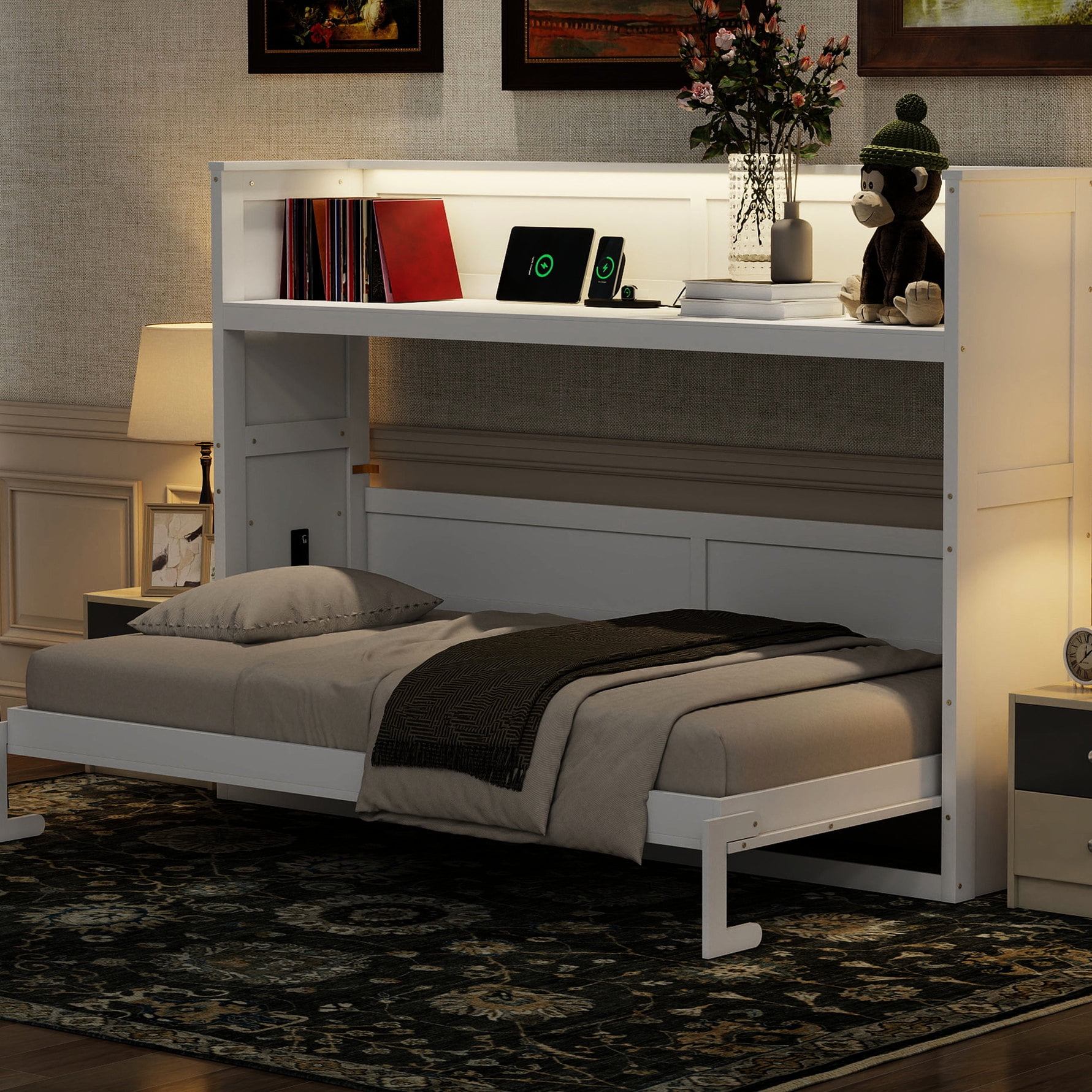 White - Bed with LED Light and Device Charging - In Home Areas - Powers ...