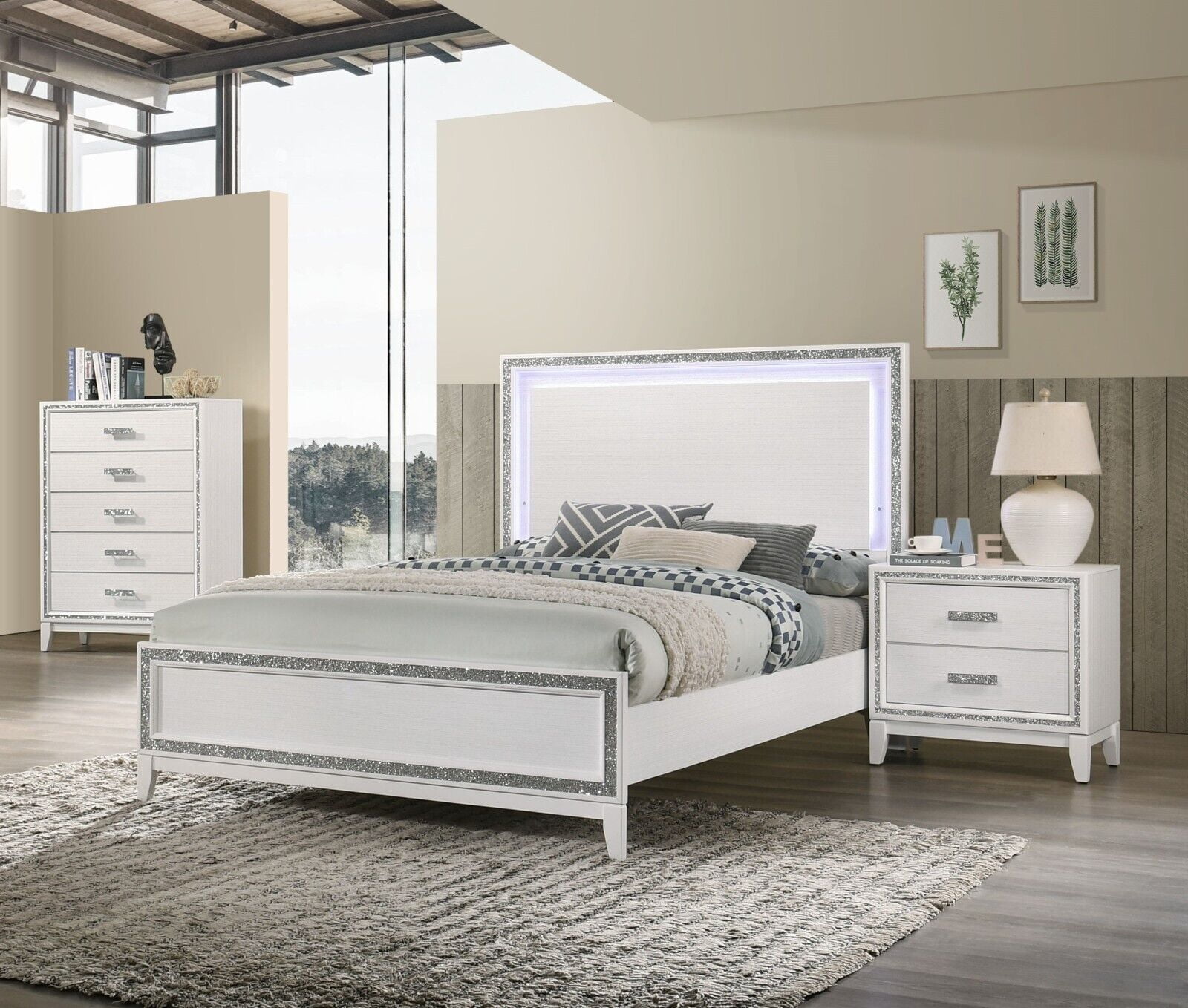 White Bedroom 3pc Set Queen Panel Bed LED HB Nightstand Chest Set ...