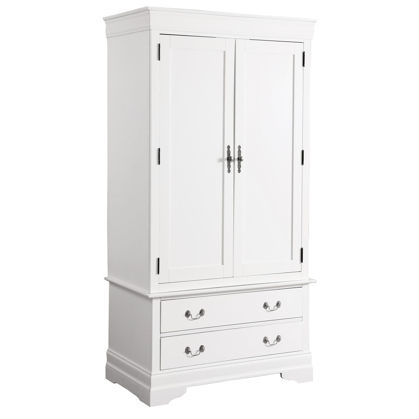 White Bedroom Armoire with Metal Hardware and Curved Mouldings ...