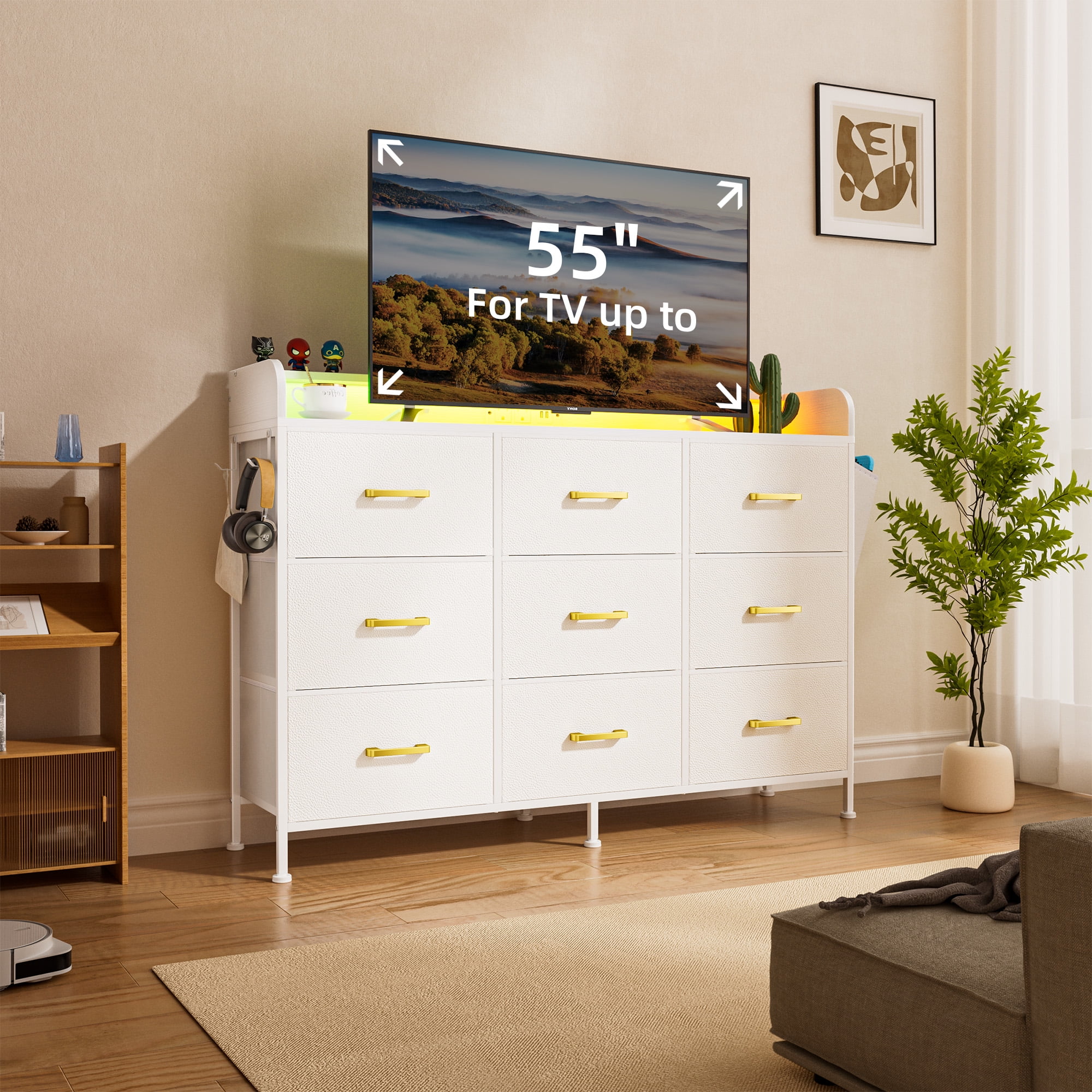 White Bedroom Dresser with LED Lights & Charging Station, Long 9-Drawer ...