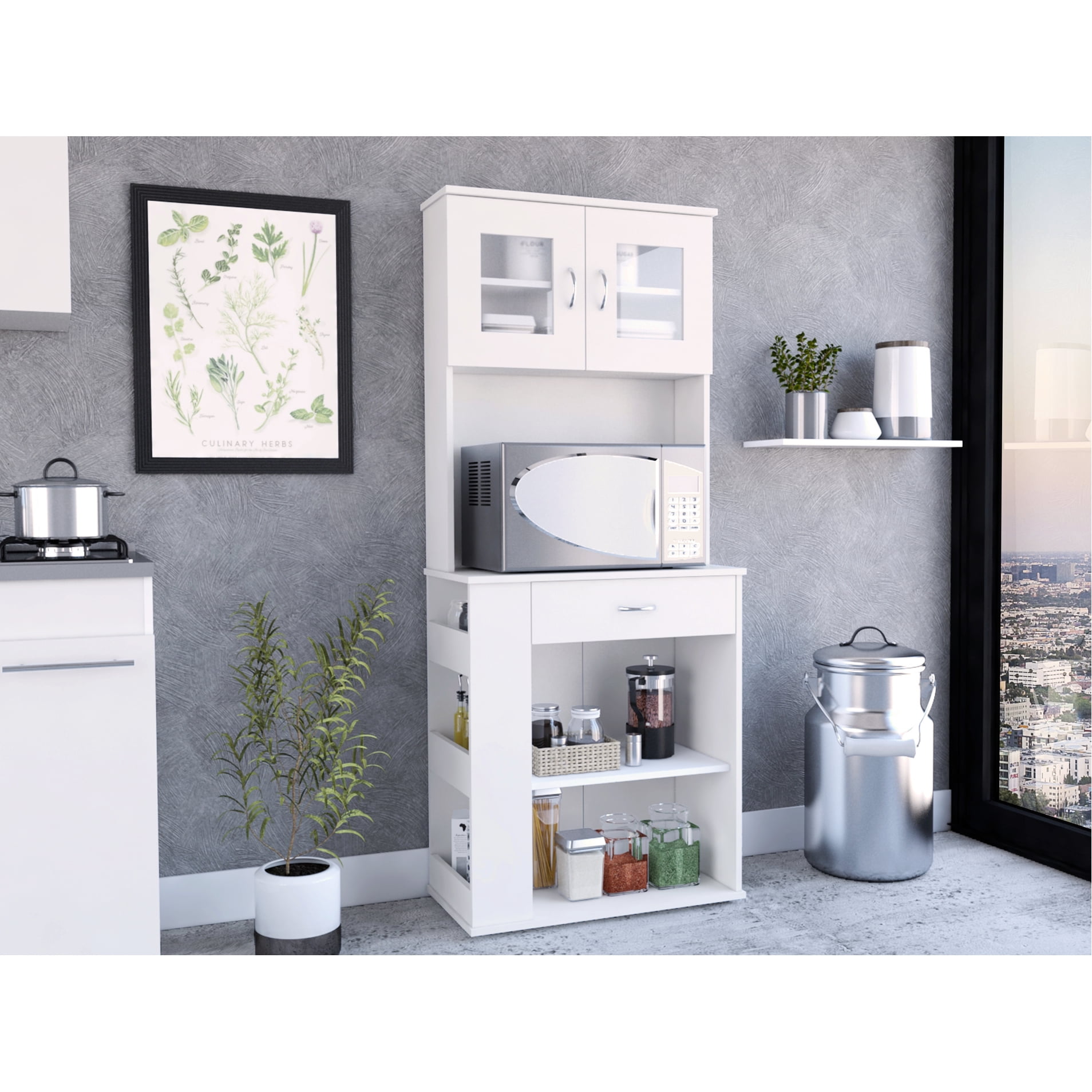 White Bedroom Pantry With Two Shelves, Double Door, One Drawer, And ...