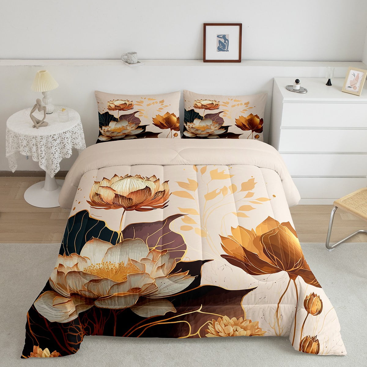 White Beige Gold Floral Bedding Twin Chic Lotus Comforter Set, Gradient ...