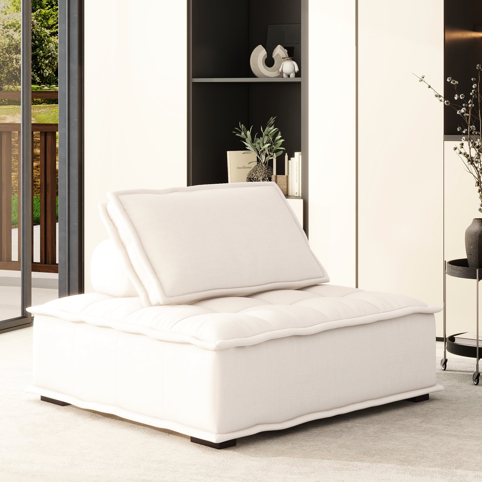 White Beige Linen 42" Square Relax Chair. Adjustable Pillow For Ideal ...