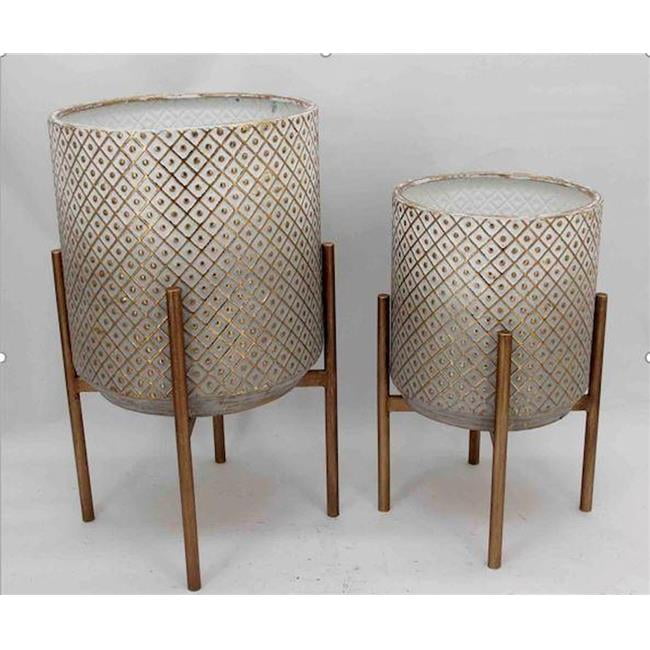 White & Beige Patterned Pots on Brown Wooden Legs Plant Stand - Set of ...