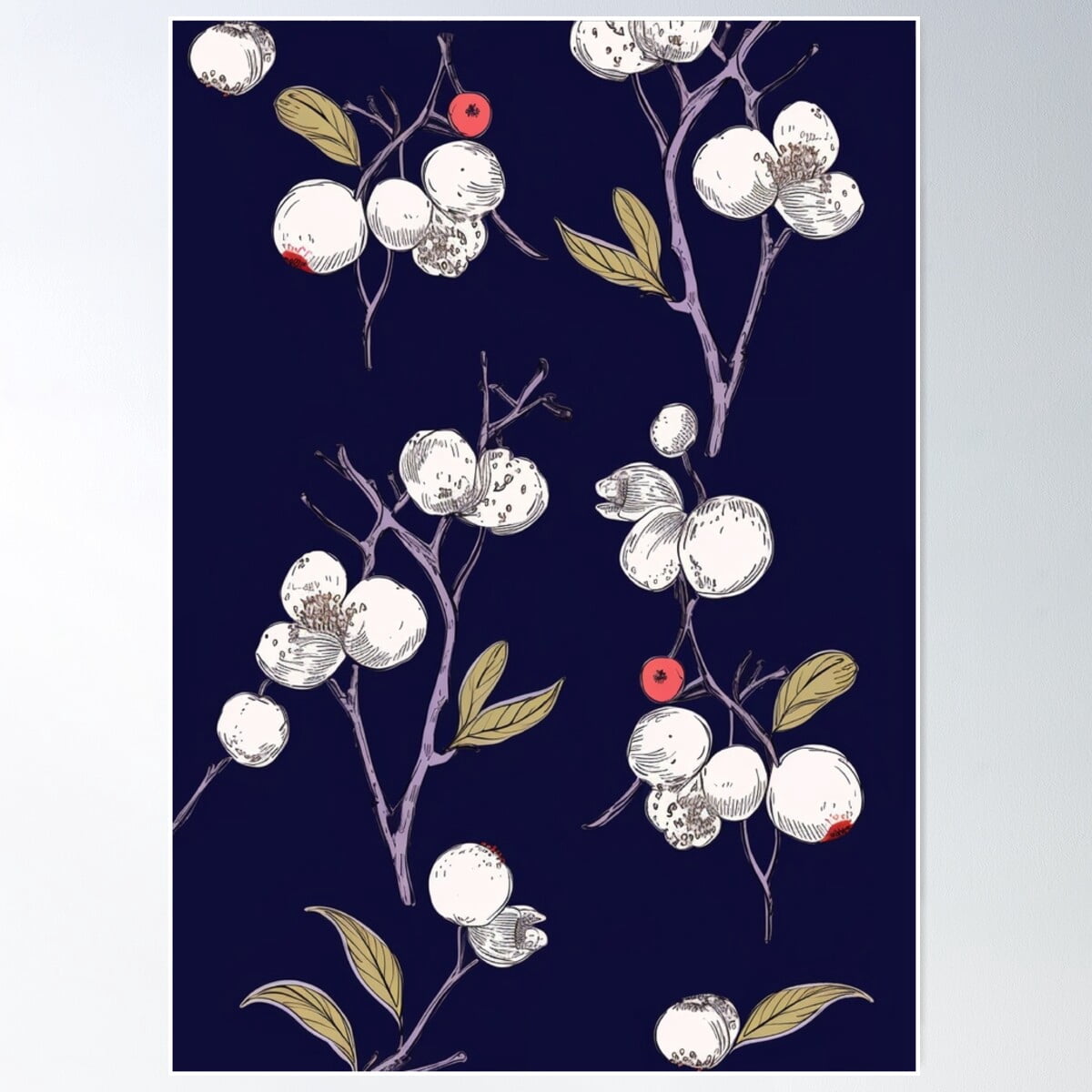 White Berry On Navy Blue Background – Fruits Pattern 01 Poster Wall Art ...