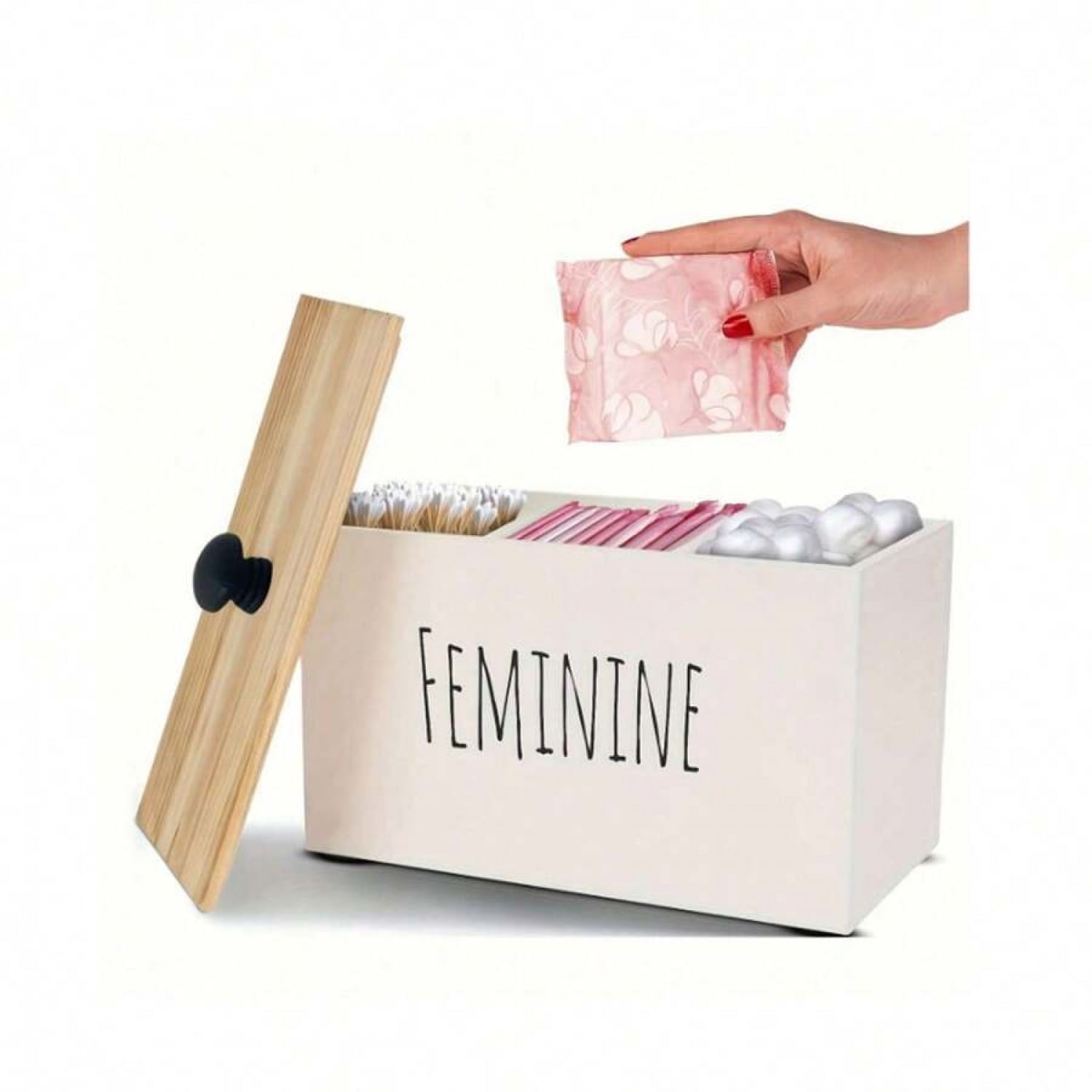 White Bin with Lid Movable Partition Storage Container Tampon Holder ...