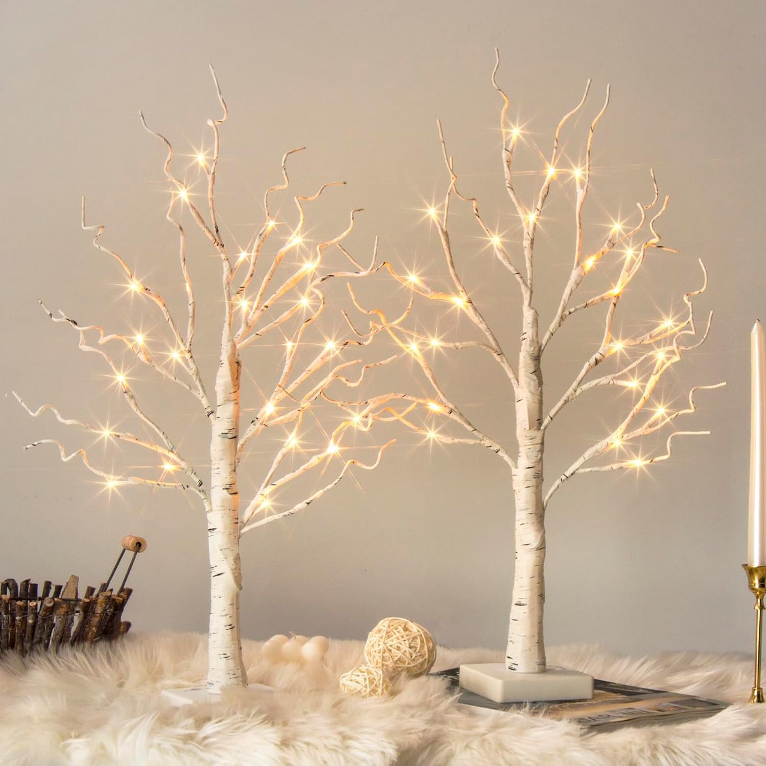 White Birch Tree with LED Lights - Set of 2, LED Tabletop Tree with ...