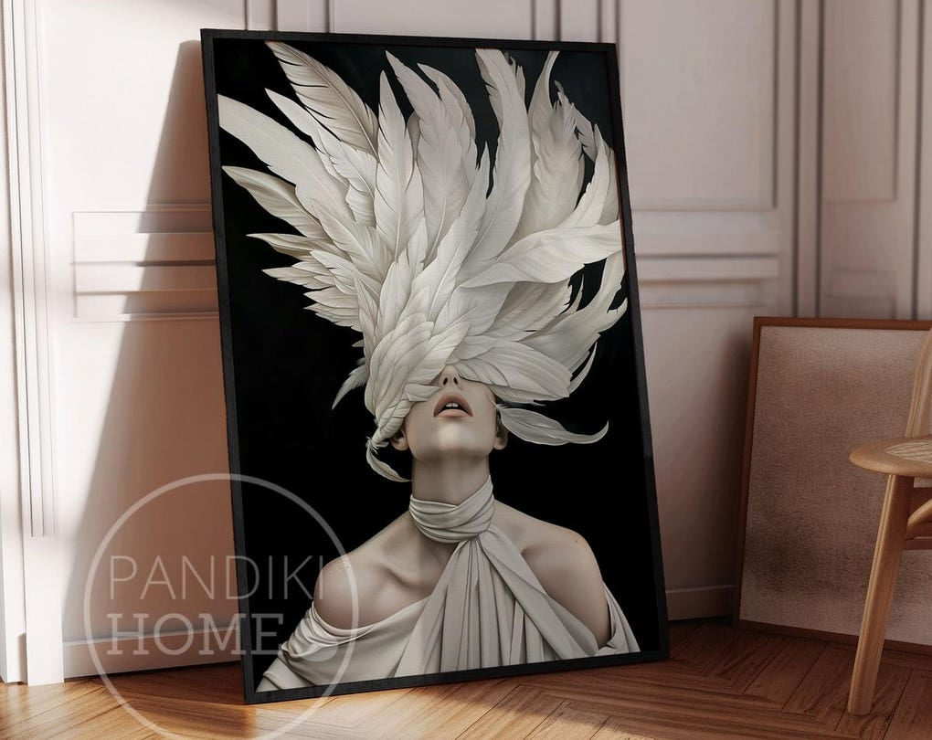 White Bird Feather Woman Print, Female Feather Portrait On Black ...