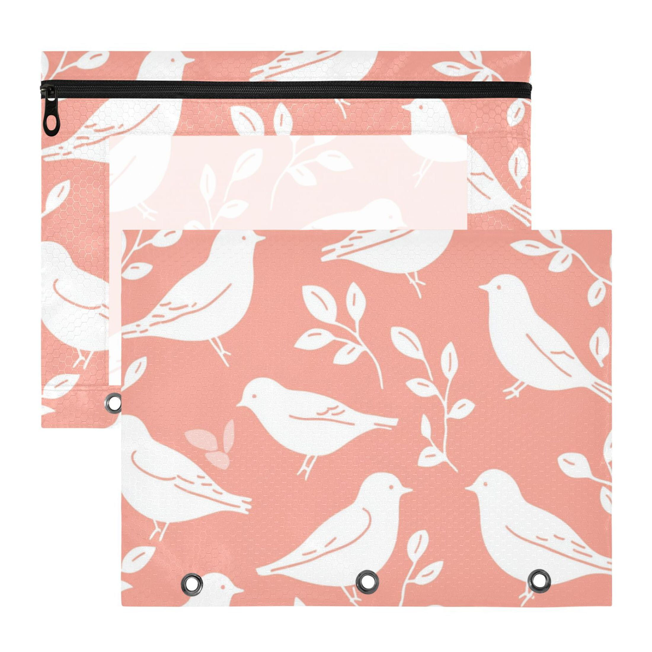 White Birds Pigeons Leaves 3-Ring Binder Pouches A4 Size Zipper Pocket ...