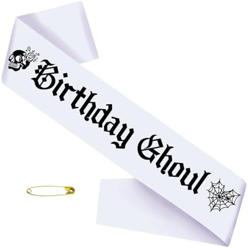 White Birthday Ghoul Sash with Black Glitter Printing Letters ...