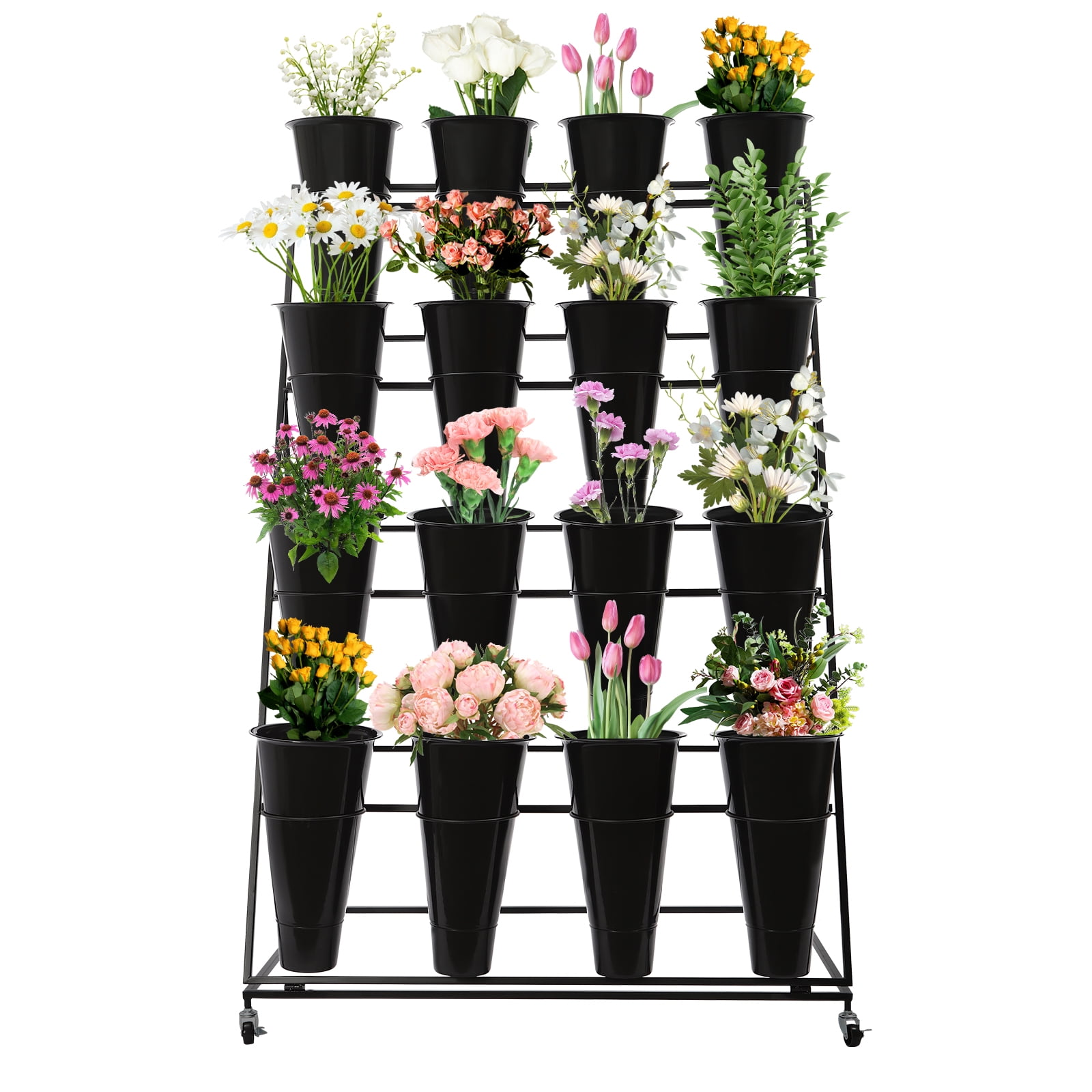 White / Black 16PCS Buckets Flower Display Stand with 4 Wheels, 4 ...