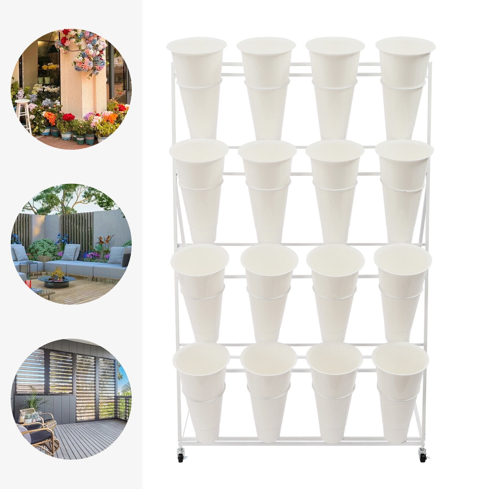 White / Black 16PCS Buckets Flower Display Stand with 4 Wheels, 4 ...