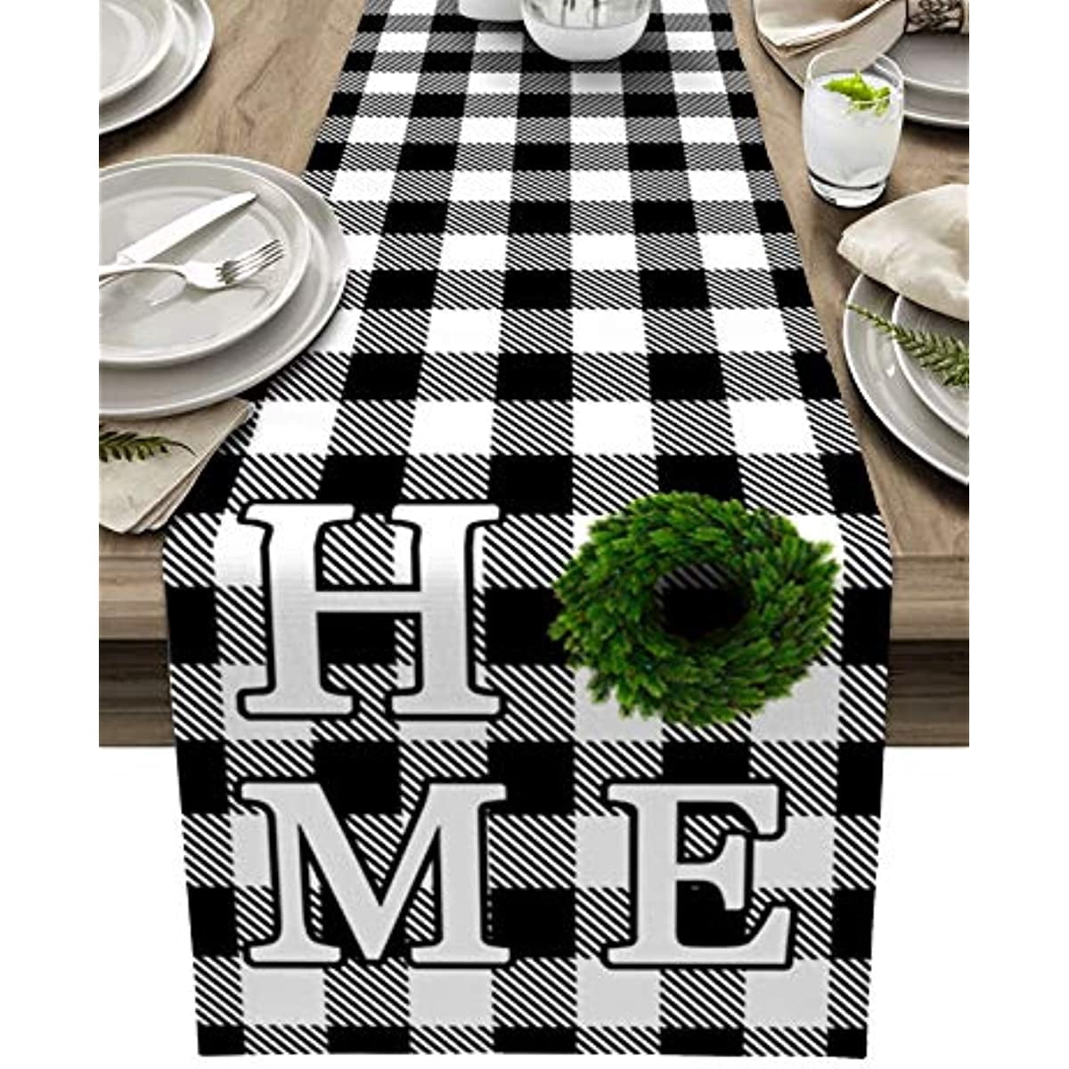 White Black Buffalo Checker Plaid Linen Table Runners Wedding Coffee ...