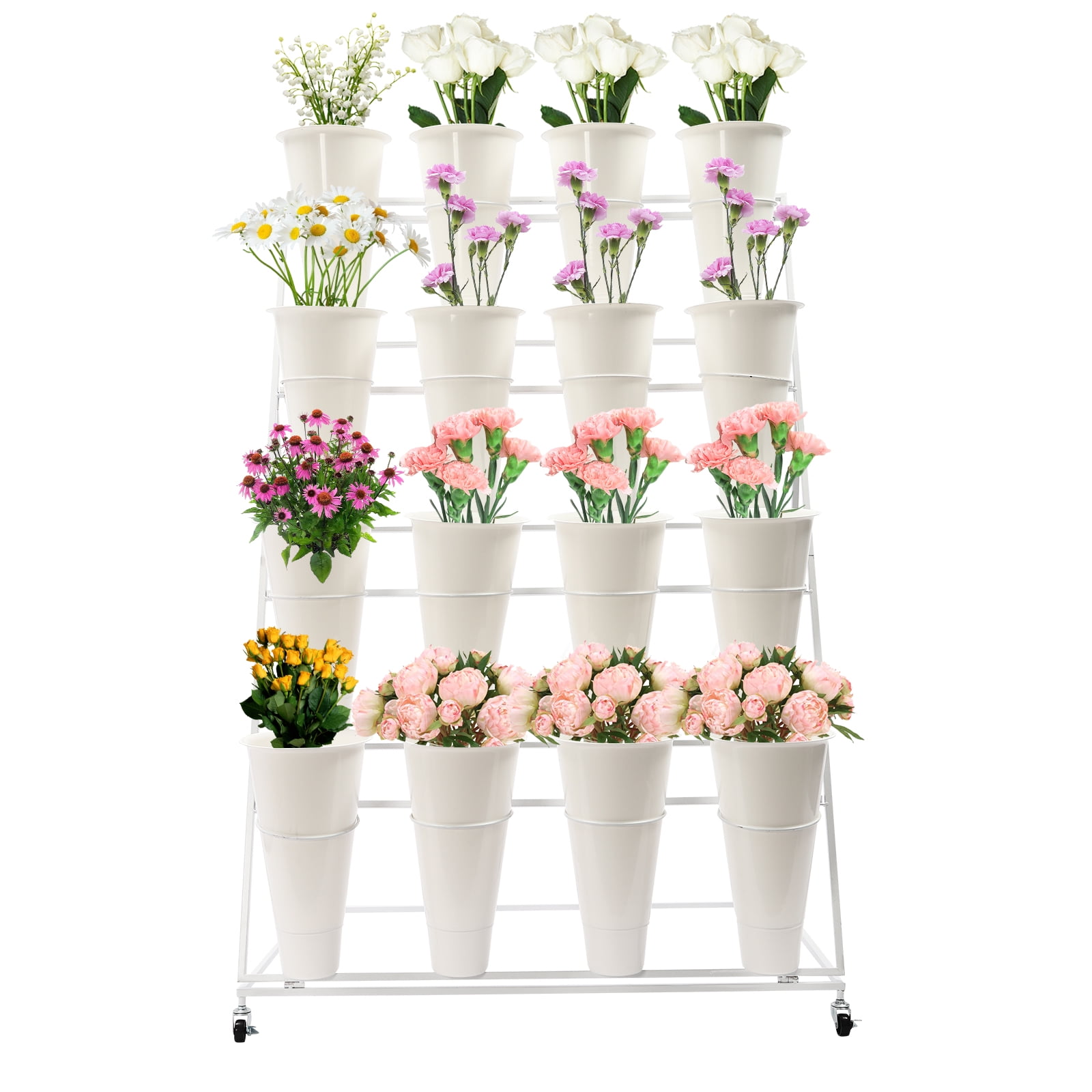 White / Black Flower Display Stand With Wheels, 4 Layers Plant Cart ...