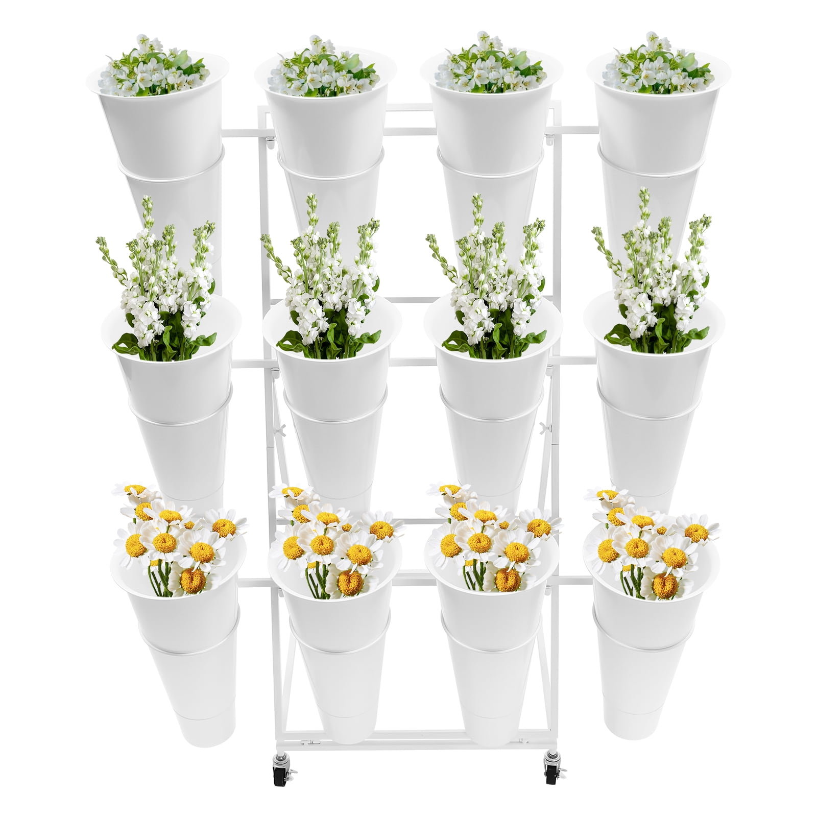 White / Black Flower Display Stand with 12pcs Bucket,4 Wheels Plant ...