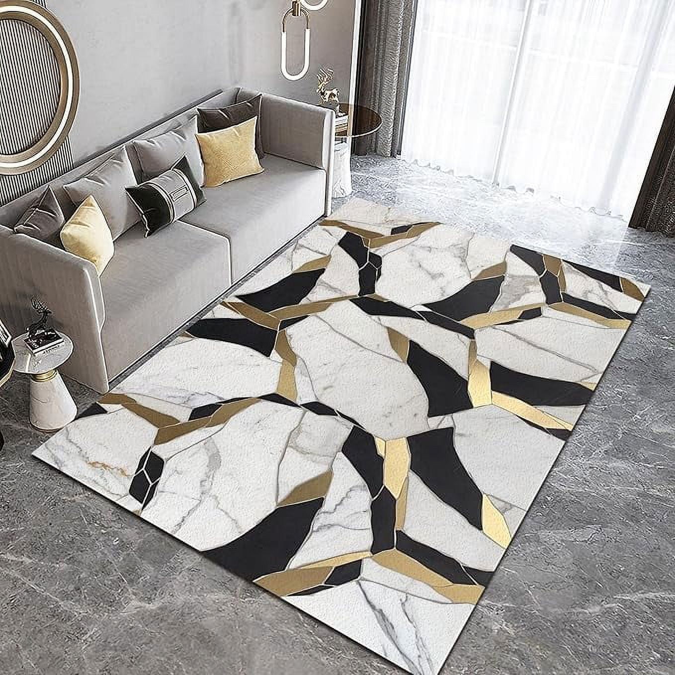 White Black Gold Pattern Area Rug, Marble Luxury Indoor Rug, Living ...