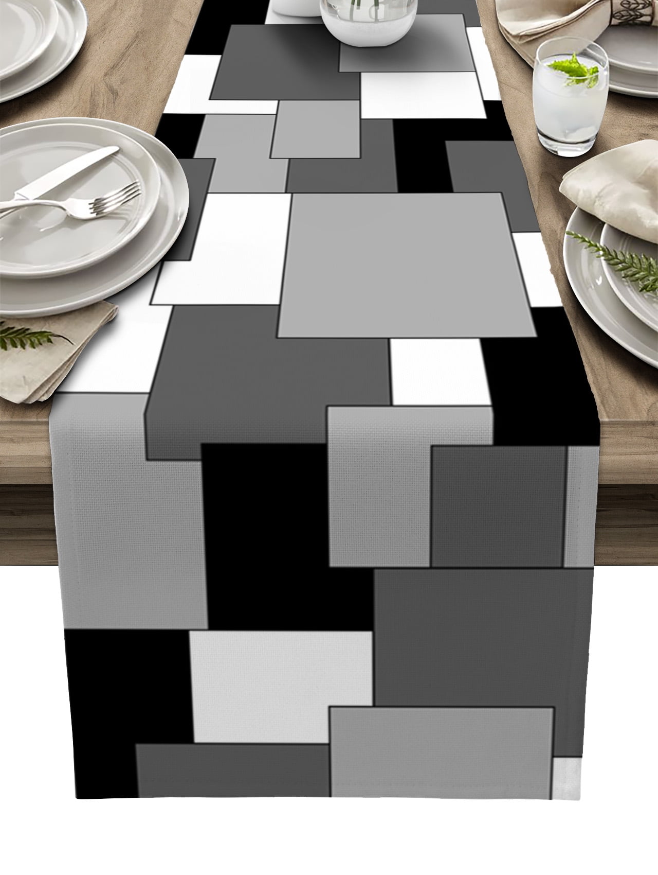 White Black Grey Patch Abstract Art Table Runner ration Home r Dinner ...