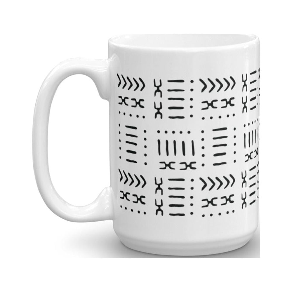 White Black Large Ceramic 15 ounce Coffee Mug Boho Tribal Pattern Tea ...