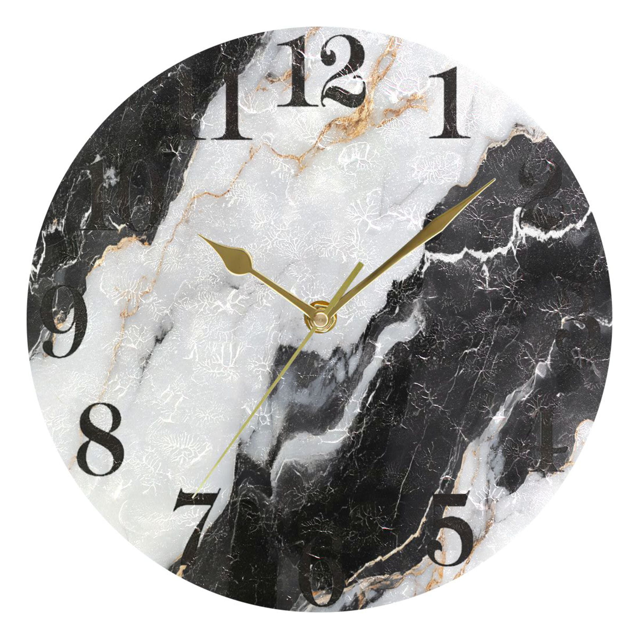 White Black Marble Texture Round Wall Clock Battery Operated Silent Non ...