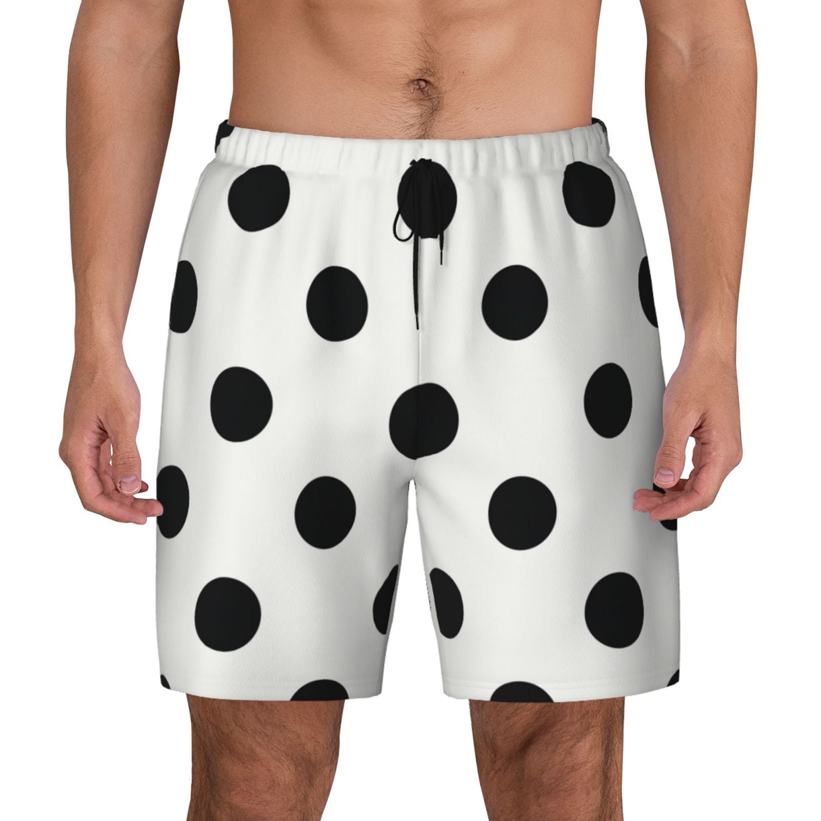 White Black Polka Dot Mens Swim Trunks With Compression Liner With Mesh ...