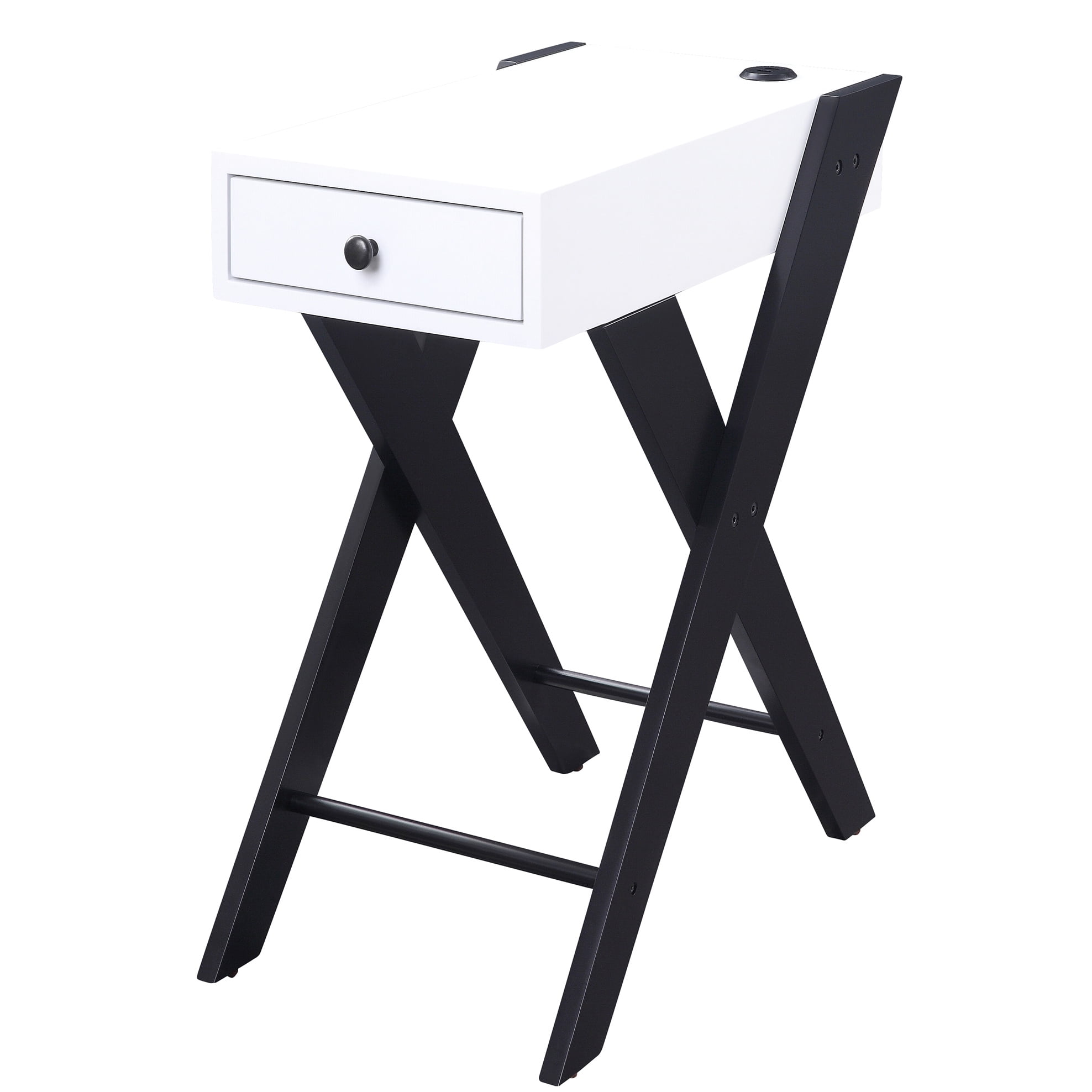 White & Black Rectangular Side Table With Charging And Modern Drawer ...