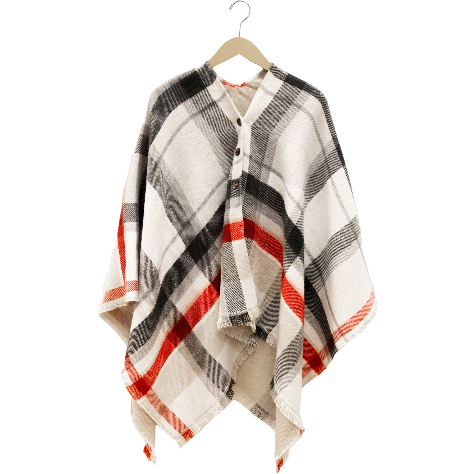 White, Black & Red Plaid - 52" x 54" Ruana One Size - Walmart.com