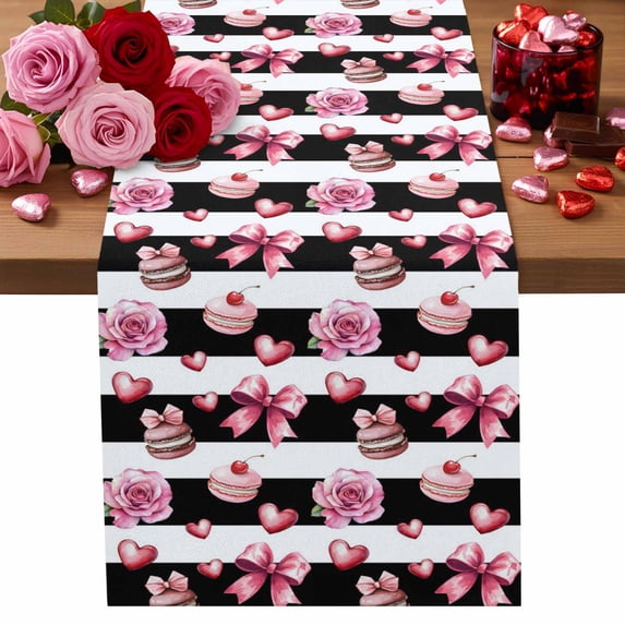 White Black Striped Cotton Linen Table Runner Pink Flowers Love Cake ...