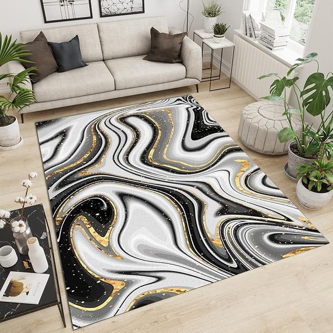 White Black Swirl Marble Texture Area Rugs, Luxury Ink Abstract Golden ...
