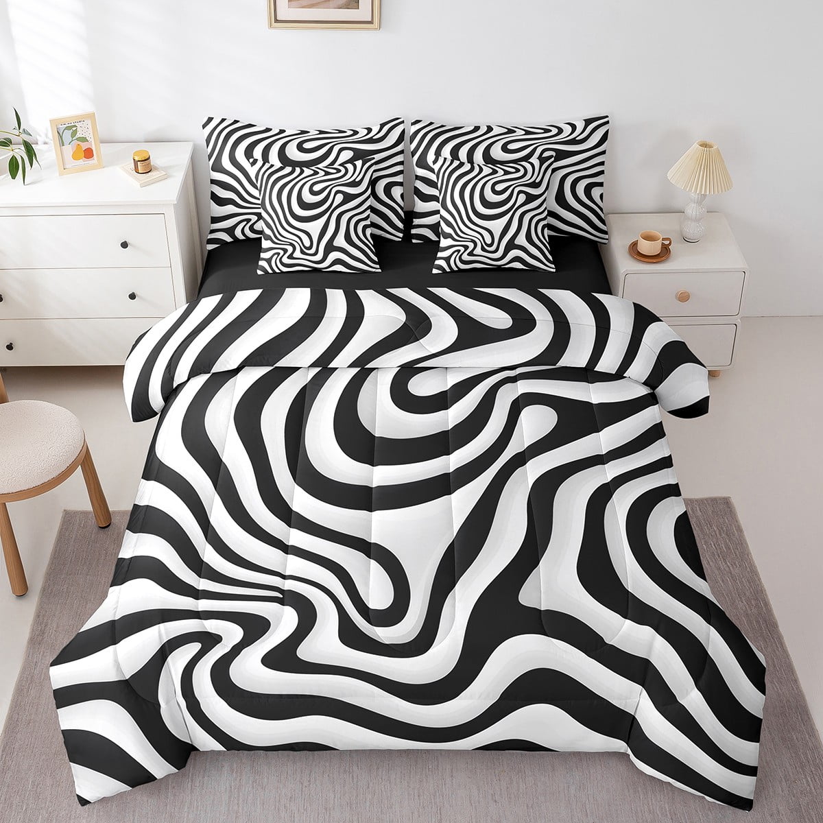 White Black Zebra Print Bed in a Bag Queen,Marble Texture Comforter Set ...