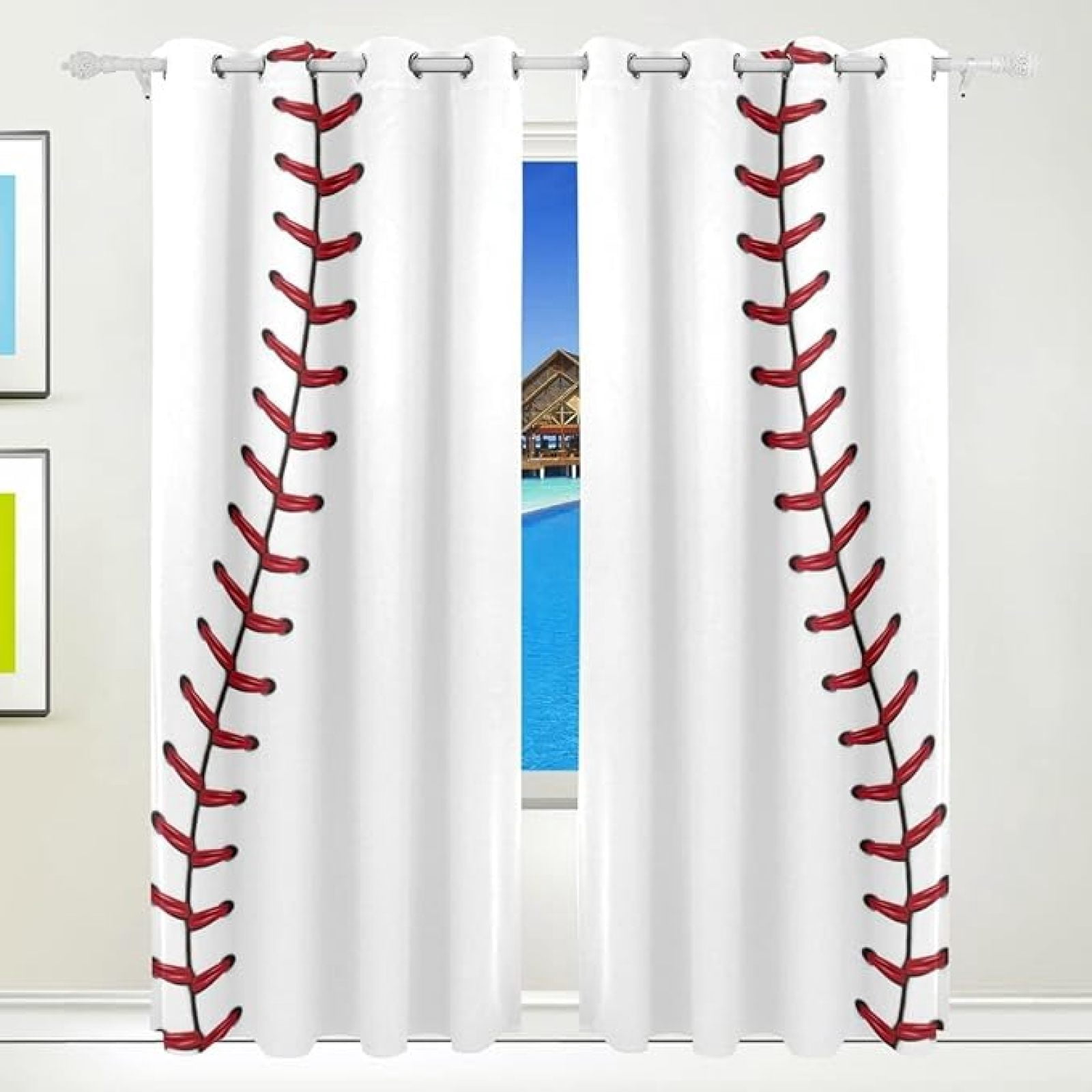 White Blackout Curtains, 3D Baseball Texture Print Window Curtains ...