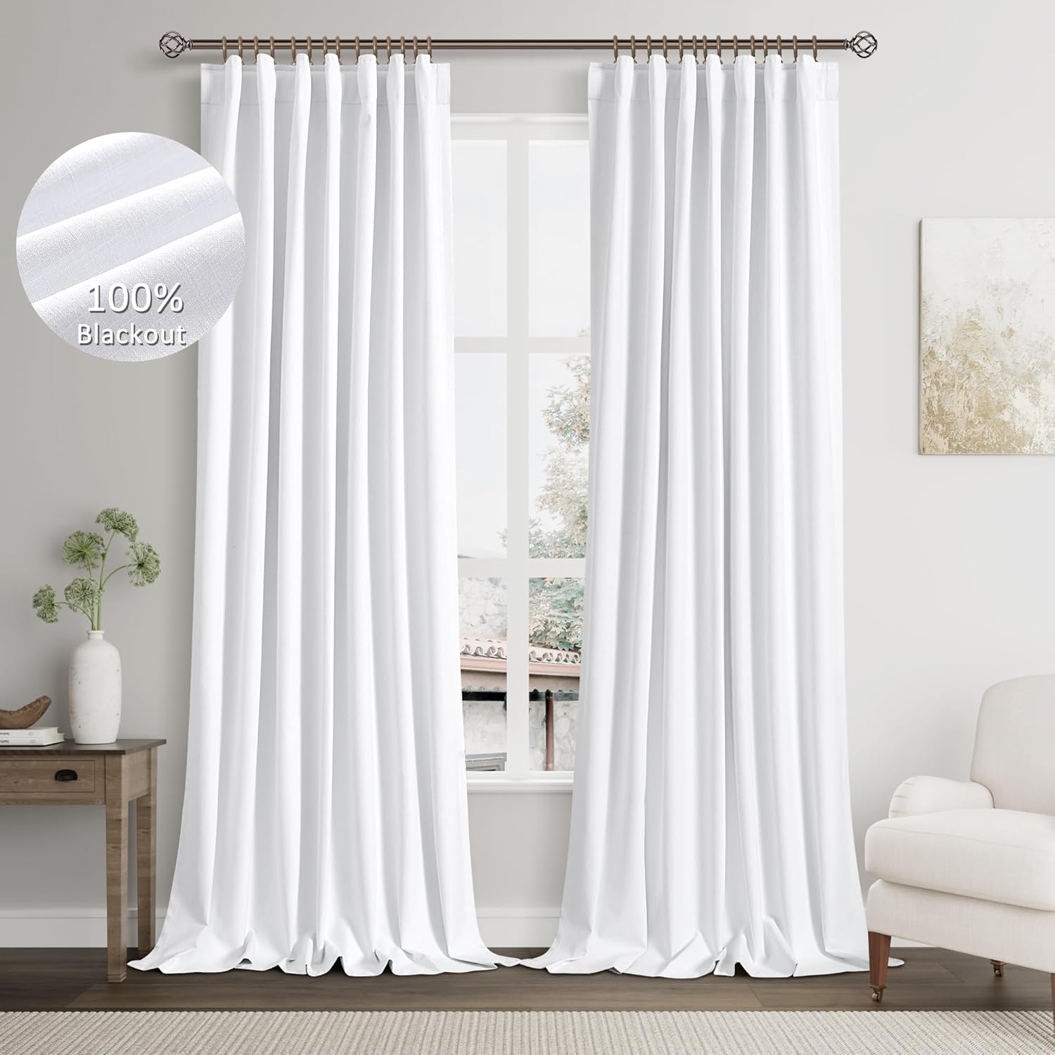 White Blackout Curtains Linen 126 Inch Long 2 Panels Set for Living ...