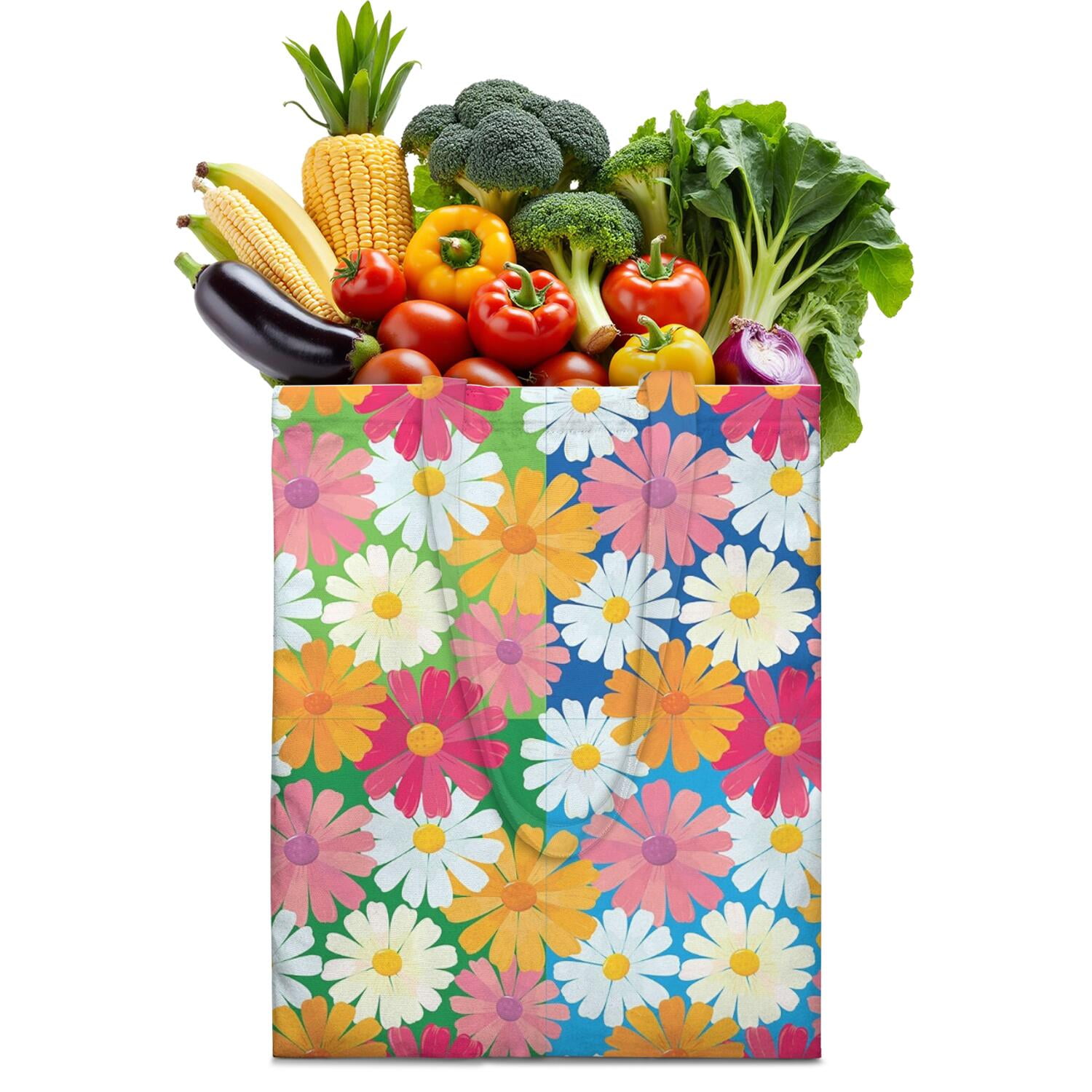 White Bloom Reusable Tote Bag - Foldable Grocery Bag with Daisy and ...
