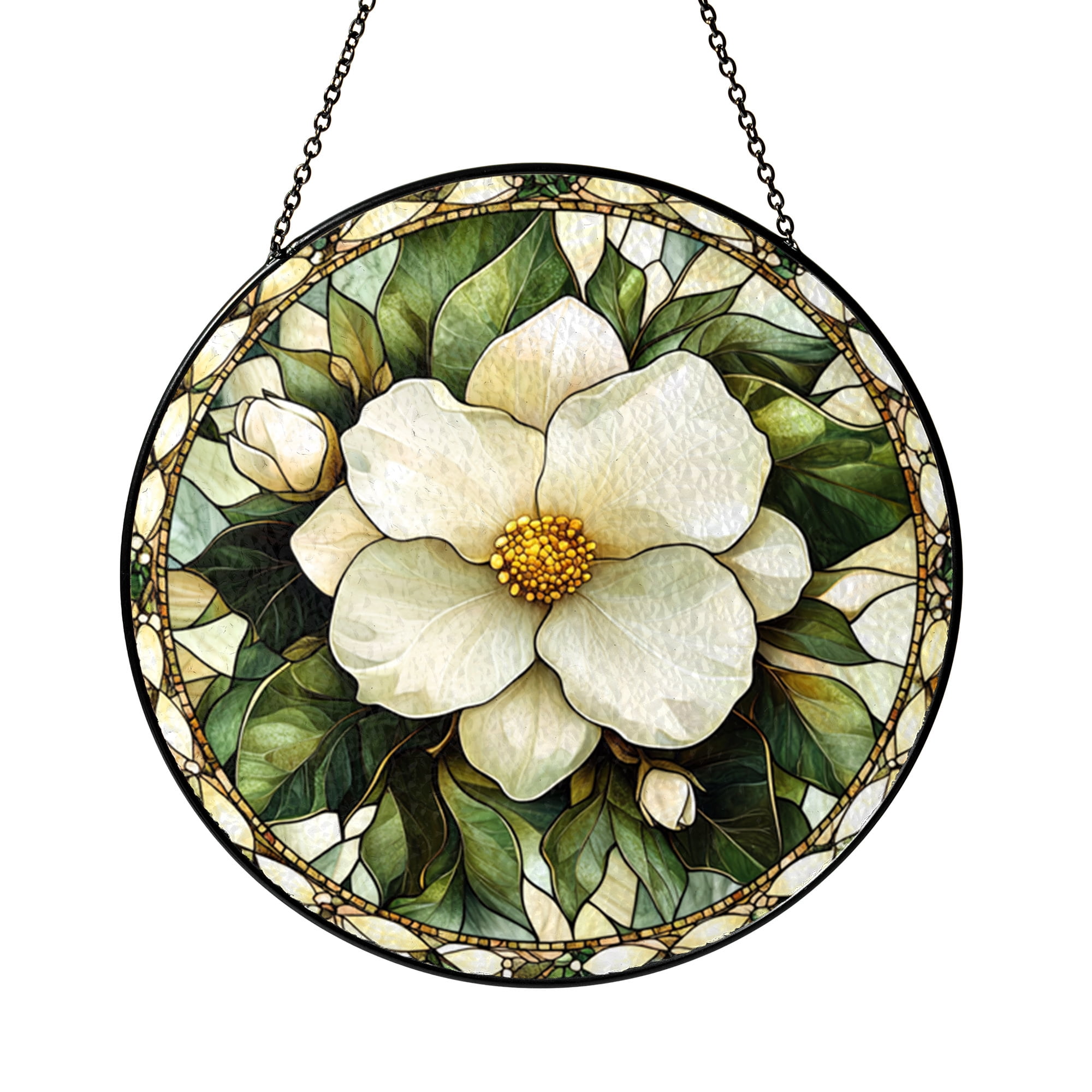 White Blossom Stained Glass Suncatcher – Floral Circular Window Decor ...