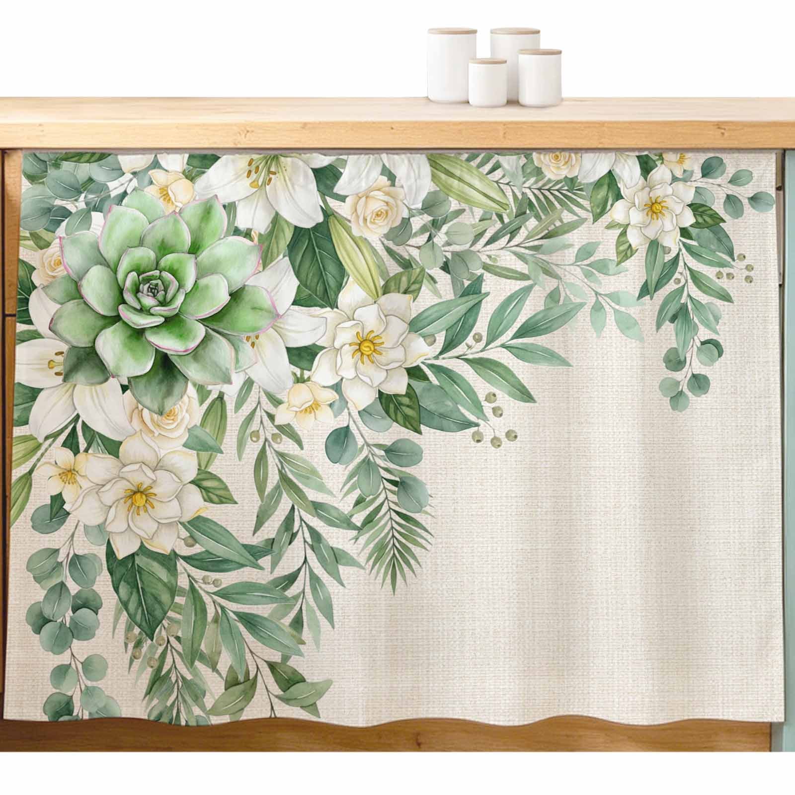 White Blossoms Green Leaf Cabinet Curtains 10" W x 11" L, Rustic ...