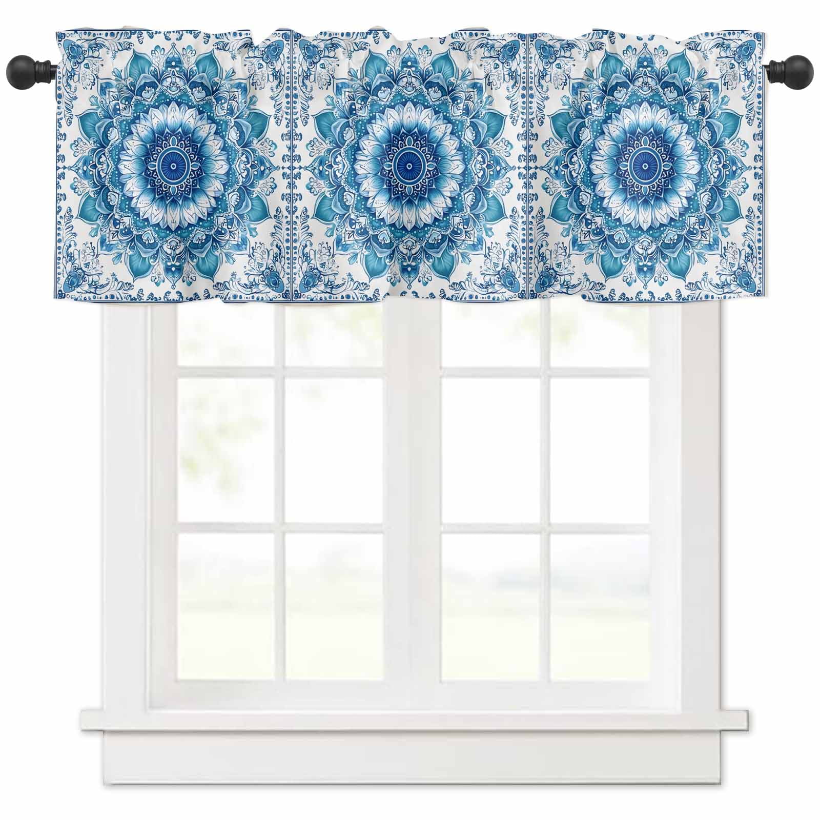 White Blue Boho Valances for Windows Farmhouse Kitchen Curtains ...