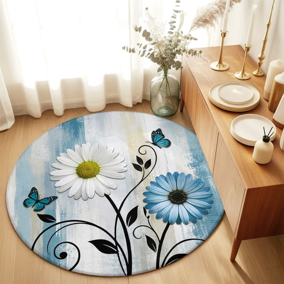 White Blue Bright Floral Daisy Round Area Rug 3ft,Living Room Rug Non ...