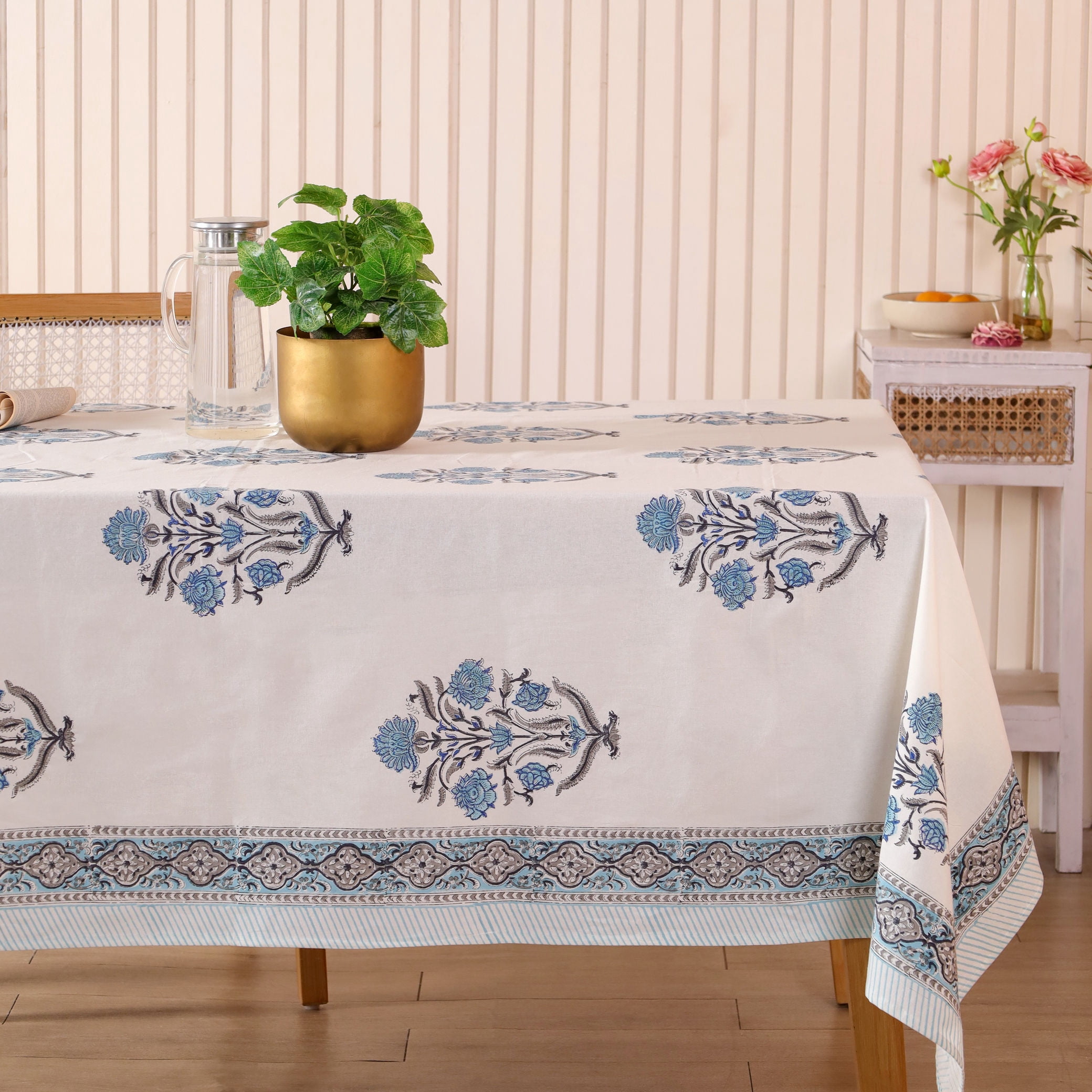 White & Blue Floral Cotton Hand Block Printed Tablecloth – Traditional ...