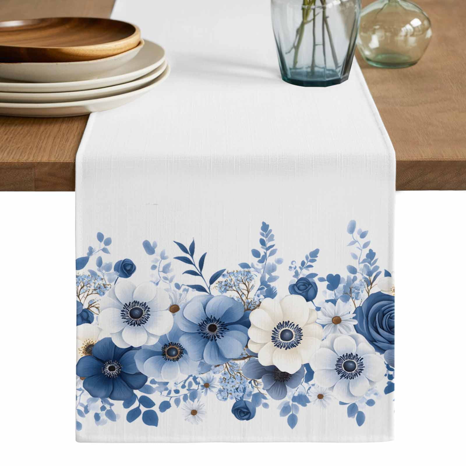 White Blue Floral Table Runner, Elegant Leaves Spring Flowers Washable ...